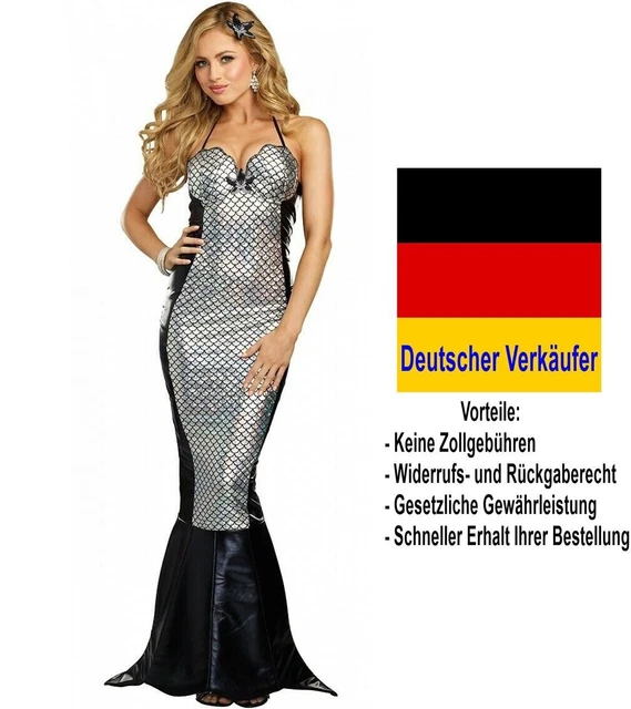 C24 - DAMEN Kostüm Meerjungfrau Kleid Lang Silber Schwarz Fasching Karneval S M EUR 34,79 ...