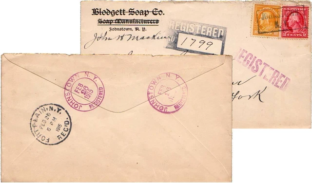 NEW YORK JOHNSTOWN Registered 1915 violet double ring 2c and 10c ...