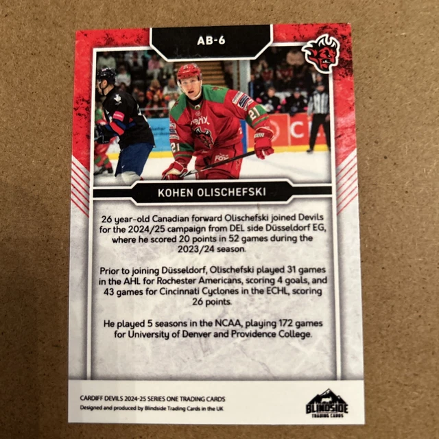 CARDIFF DEVILS BLINDSIDE Trading Cards. 2024/25. Kohen Olischefski. AB6 ...