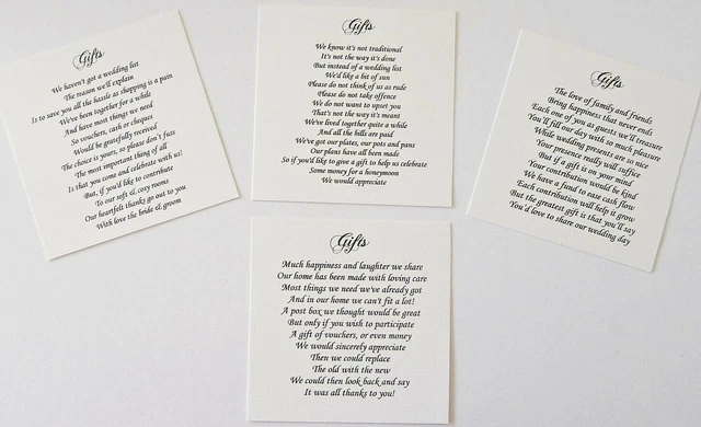 50 WEDDING POEM Cards requesting Money/Cheques/gift cards Choice of 4 ...