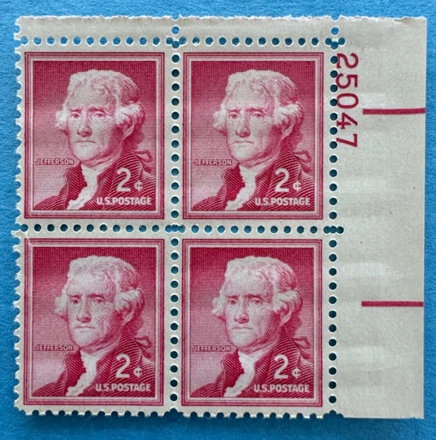 US STAMPS, SCOTT #1033 Liberty Issue 1954 2c Jefferson plate block of 4 ...