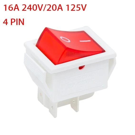4-PIN ILLUMINATED ROCKER Switch 16A 240V,20A,125V,RED ON-OFF Double ...