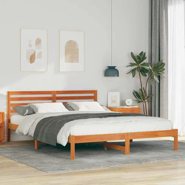 BROWN SOLID PINE Bed Frame with Headboard, 225.5x165.5x80.5 cm £495.96 ...
