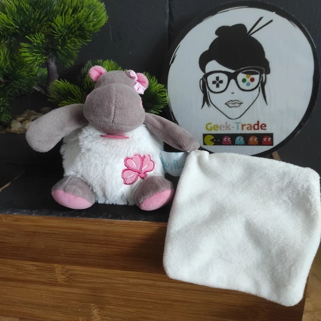 DOUDOU BABY NAT Hippopotame Mouchoir Zoe Trefle Rose Pantin Blanc BN081 ...