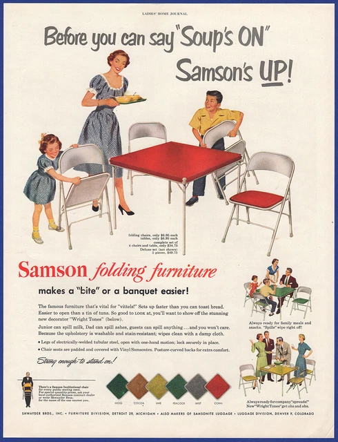 VINTAGE 1951 SAMSON Folding Furniture Coral Red Table Chairs 50's Print ...