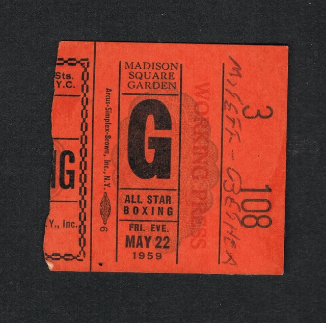 1959 MSG BILLET de boxe Wayne Bethea Alex Miteff Jenkins Taylor DeCola ...