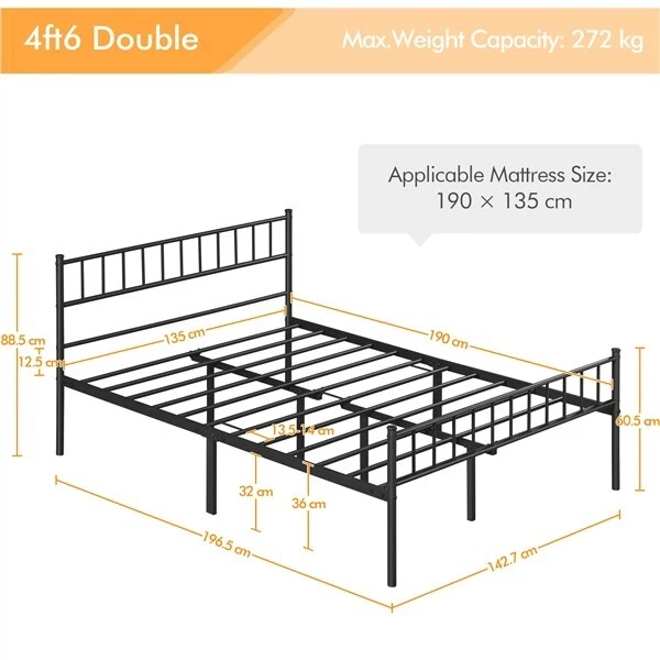 DOUBLE METAL BED Frame, Iron Platform Bed w/ Headboard Slatted Support ...