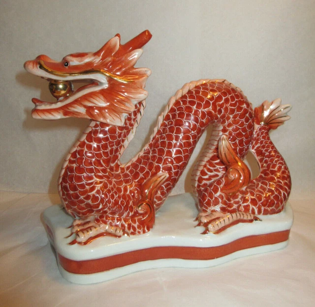 VINTAGE PORCELAIN CHINESE Red Dragon Figurine with Gold Gilt Pearl ...