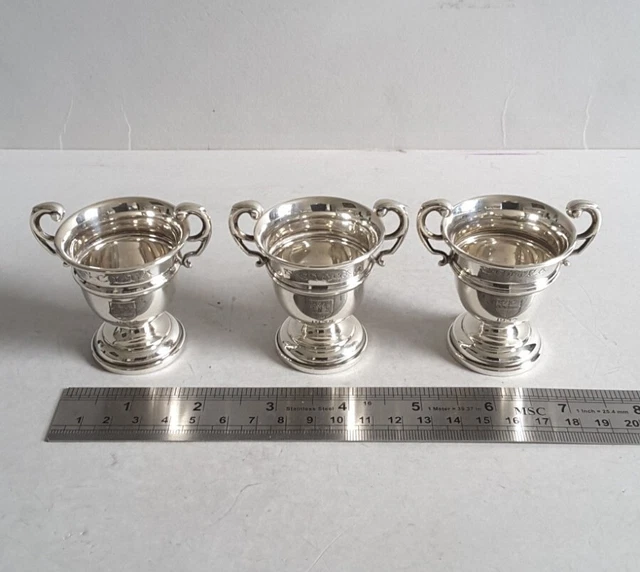 NICE SET 3 SMALL VINT. SOLID SILVER TROPHY CUPS. HT. 6.4cms 82g BIRM ...