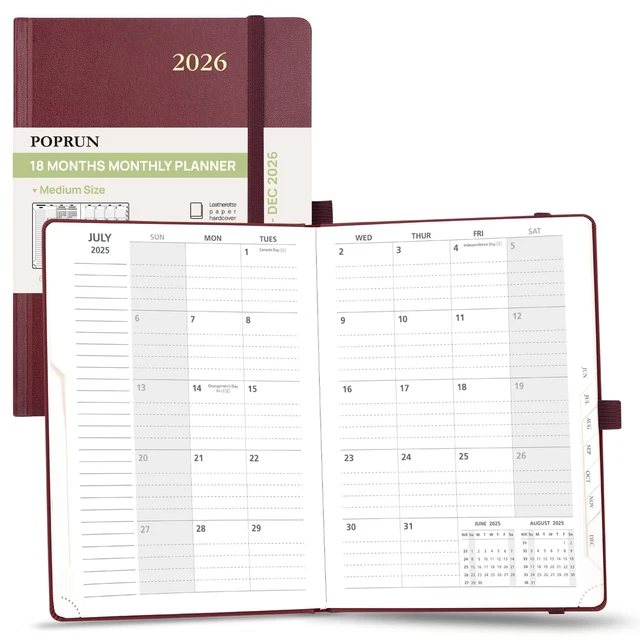 POPRUN 2025-2026 MONTHLY Planner A5 18-Month Calendar Book July 2025 ...