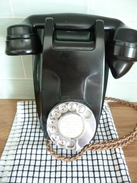VINTAGE BLACK BAKELITE wall telephone with Alpha numeric chrome rotary ...