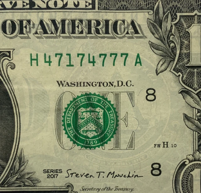 $1 DOLLAR BILL Fancy Serial Five of a Kind 7s Near Binary Semi Repeater ...