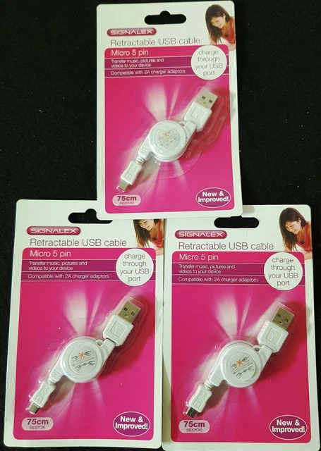 SIGNALEX RETRACTABLE USB TO MICRO 5 PIN CABLE 75CM LONG 3x SEALED £14. ...