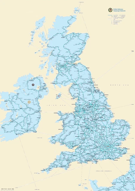 BRITISH ISLES TRAIN MAP (RAIL PASSENGER NETWORK) BR/UTA/CIE 1963 A0 ...