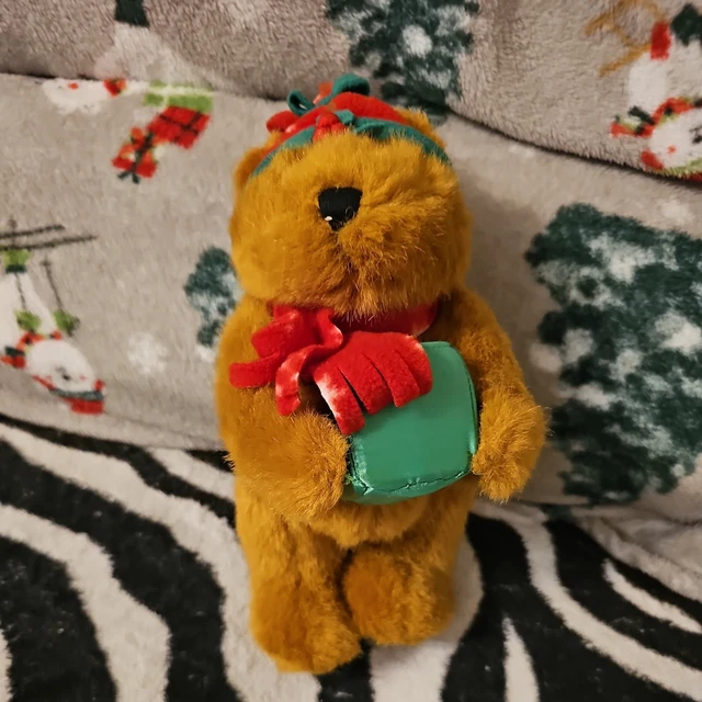 SMALL BROWN CHRISTMAS Teddy Bear Holding Red Present Gift Plush Soft ...
