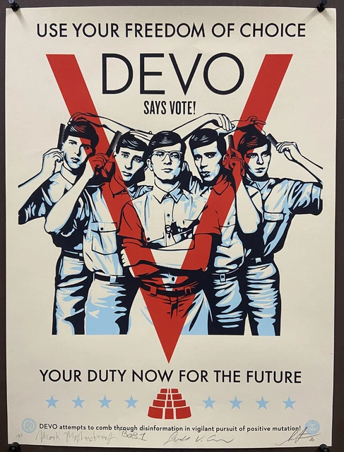 DEVO DIT VOTE Dédicacé Signé Affiche Mark, Bob, Gerald & Shepard Fairey ...