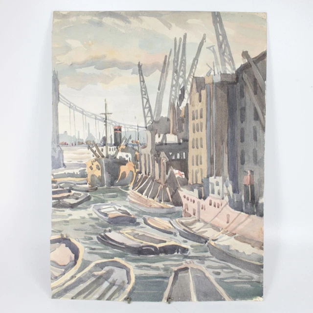 FRED SAWYER WATERCOLOUR painting harbour shipyard scene boats ships ...
