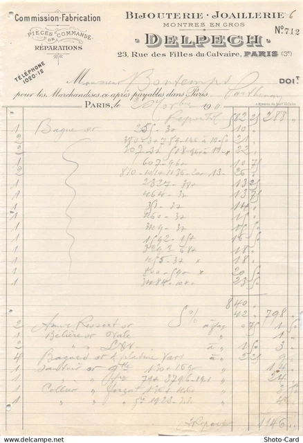FACTURE 1919 Bijouterie Joaillerie Delpech A Paris-M. Bontemps A ...