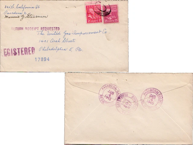 CALIFORNIA PASADENA REGISTERED 1945 violet double ring 2c Adams and 25c ...