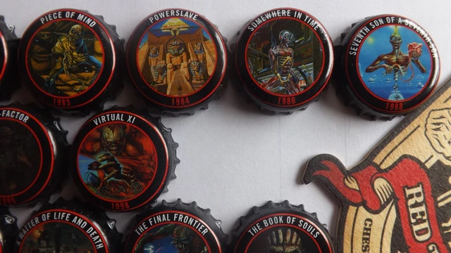 IRON MAIDEN TROOPER beer bottle 16 tops caps full set + bonus beer mat ...