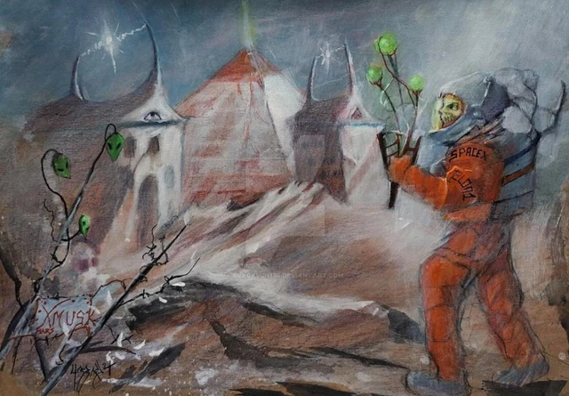 MARS ELON MUSK Astronaut alien flower Drawing Painting Hubbard ...