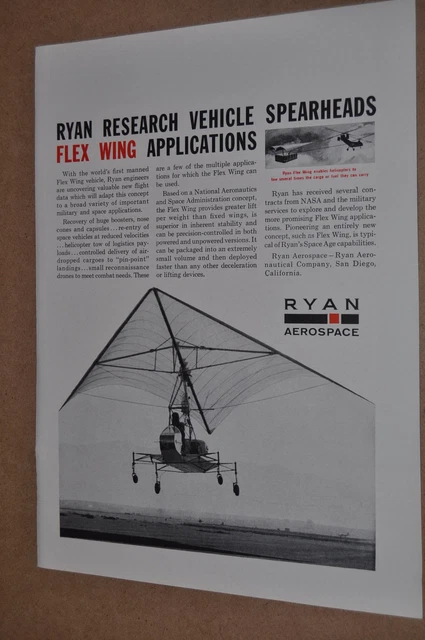 1961 RYAN AEROSPACE advertisement, Flex Wing experiments $12.74 ...