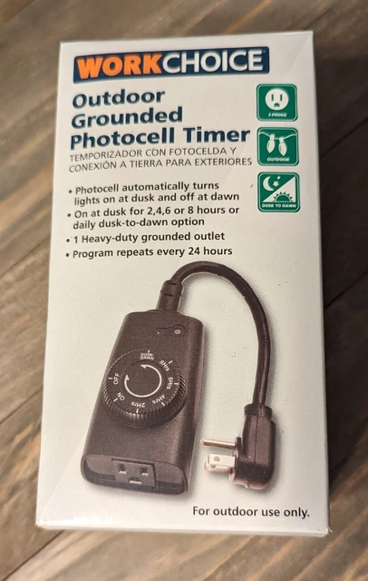 WORK CHOICE OUTDOOR Grounded Timer with Photocell Light Sensor 24-Hour ...