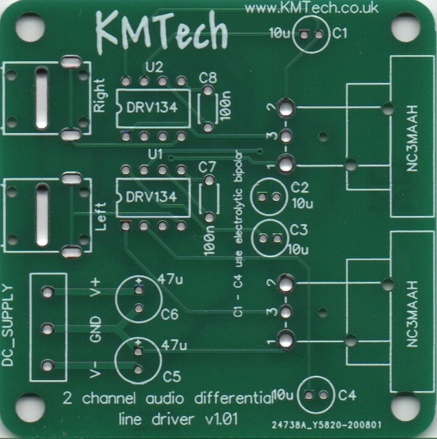 2-CHANNEL DRV134 BASED Low Distortion Differential Line Driver PCB ONLY ...