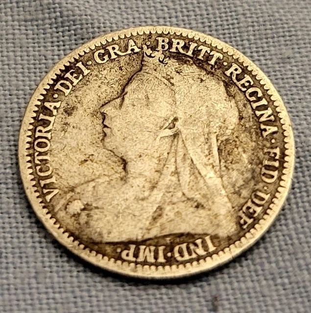 SOLID SILVER OLD Three pence Coin 1900 Sterling Victorian Antique Royal ...