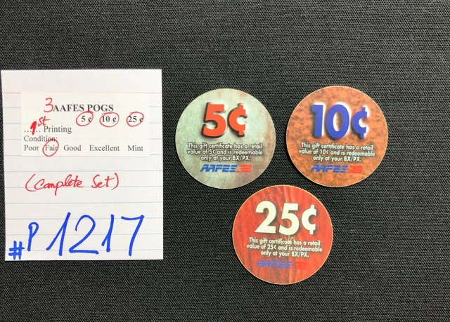 AAFES POGS, 1ÈRE série/impression, 3 POGS, 5c, 10c, 25 ¢, ENSEMBLE ...