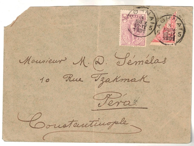 SCARCE 1901 GREECE Cover w/Constantinople Postmark Bisected Stamp £19. ...