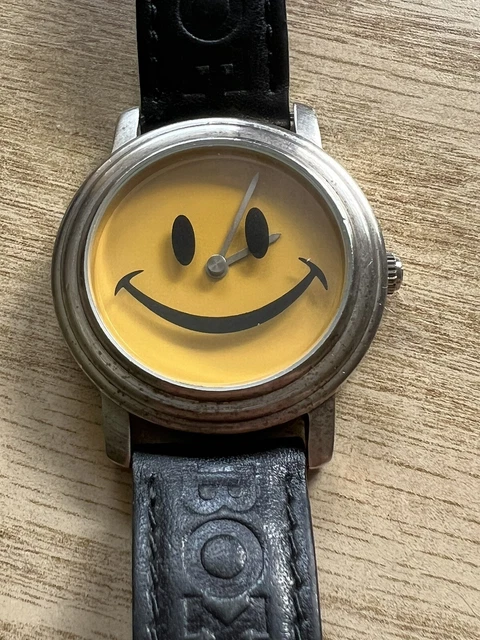 VINTAGE 1995 JOE Boxer Smiley Face 35mm Quartz Watch Black Leather Band ...