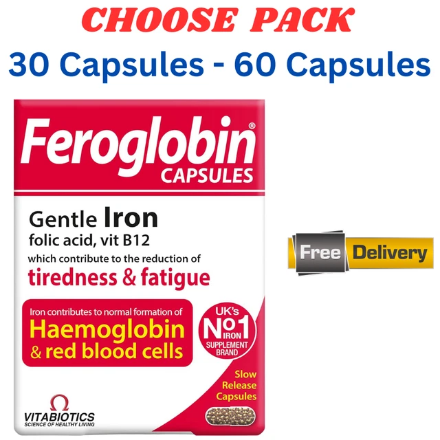 VITABIOTICS FEROGLOBIN CAPSULES 30-count Vit B12 Iron Supplement Slow ...