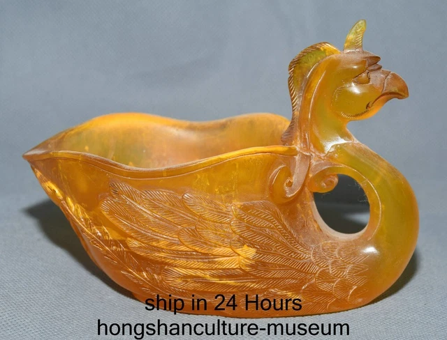 6& ANCIENT CHINESE Yellow Amber Carved Dynasty Palace Phoenix Bird Wine ...