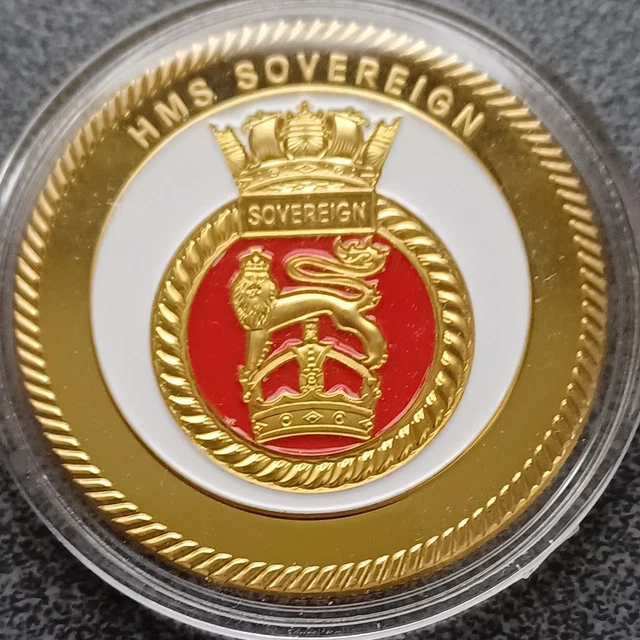ROYAL NAVY HMS SOVEREIGN 24ct Gold Plated Collectable Coin 44mm dia £8. ...