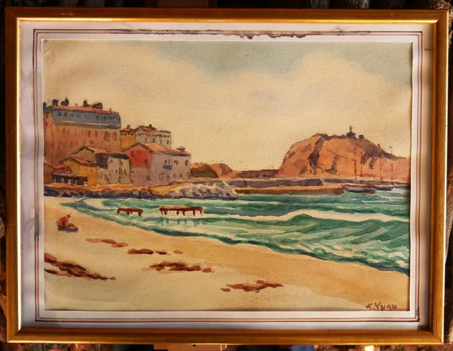 TABLEAU AQUARELLE SIGNÉE: plage près d'un port EUR 15,00 - PicClick FR