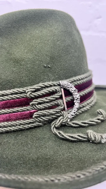 GREEN TYROLEAN ALPINE Felt Fadora Hat Red Velvet Band Bavarian Mountain ...