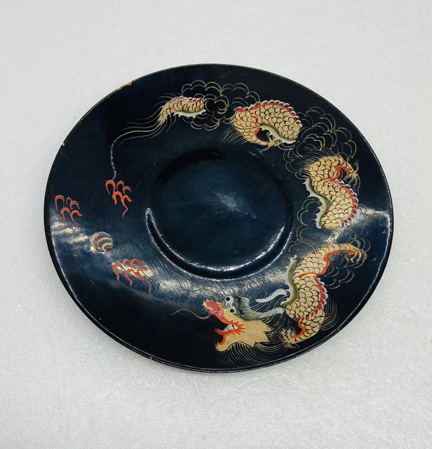 VINTAGE CHINESE FLYING Dragon Fireball Painted Coaster 5” Lacquer Art ...