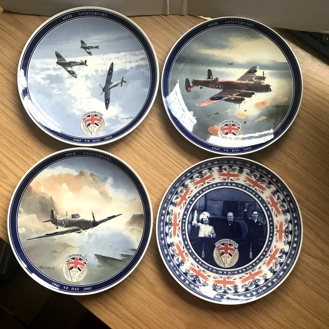 WEDGWOOD 60TH ANNIVERSARY VE DAY Plates Churchill Spitfire Lancaster ...