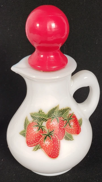 MILK GLASS AVON Strawberries and Cream Pitcher Jug Cork Vintage Red ...