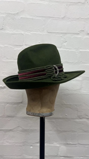 GREEN TYROLEAN ALPINE Felt Fadora Hat Red Velvet Band Bavarian Mountain ...