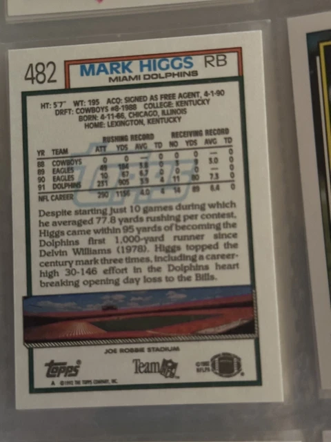 1992 TEAM NFL Cards, Mark Higgs, Miami Dolphins, Sports trading card ...