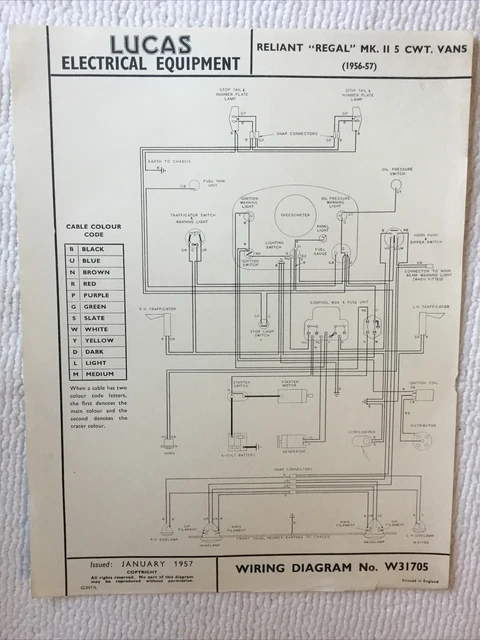 RELIANT “REGAL” MK II. 5 Cwt Vans Original LUCAS Wiring Diagram 1956-57 ...