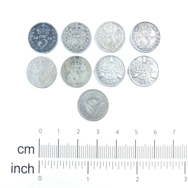 9 X ANTIQUE Silver Coins Silver Coin Lot 3p / 3d Coins WW1 1914 - 1935 ...