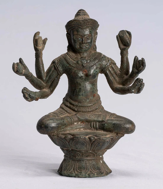 ANTIQUE KHMER STYLE Bronze Seated Vishnu Statue - Protector -20cm/8" £ ...