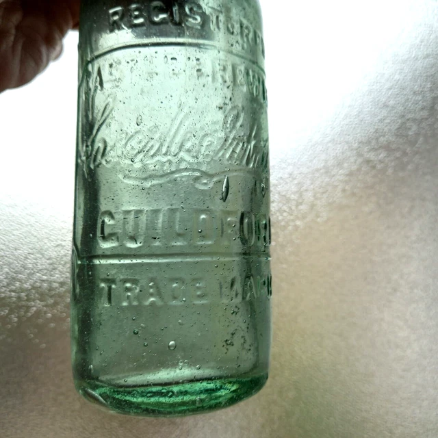 VINTAGE CASTLE BREWERY GUILDFORD Heavy Green Glass Codd Bottle w/Marble ...
