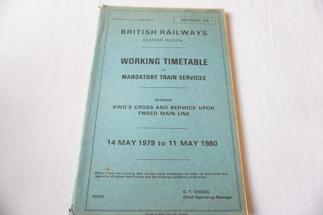 1979 EASTERN REGION Railway Working Timetable Sect YA Berwick Upon ...