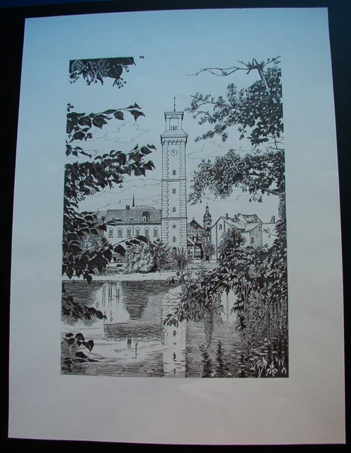 REPRO EINER TUSCHZEICHNUNG Altenburg Kunstturm Teich Hans Heinrich 1997 ...