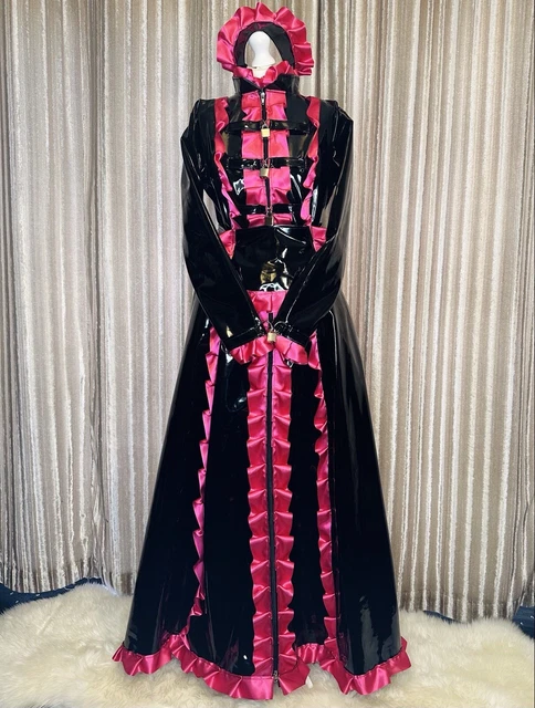 MISFITZ BLK PVC & pink satin lockable sissy Maids hobble dress. SIZE 18 ...