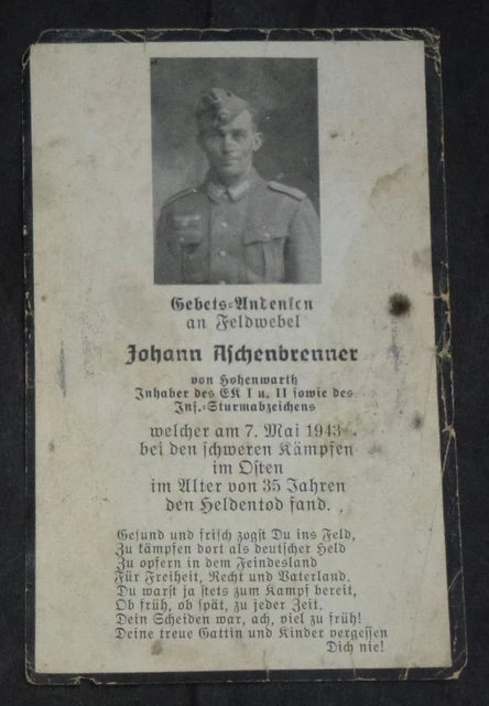 WW2 GERMAN DEATH card Johann Aichenbrenner killed 7th May 1943 £7.50 ...